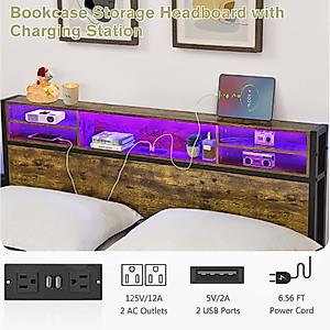 Full Size Bed Frame with Charging Station and Led Lights, Metal Platform Bed with Bookcase Storage Headboard, Heavy Duty Metal Slats, No Box Spring Needed, Easy Assembly, Noise-Free