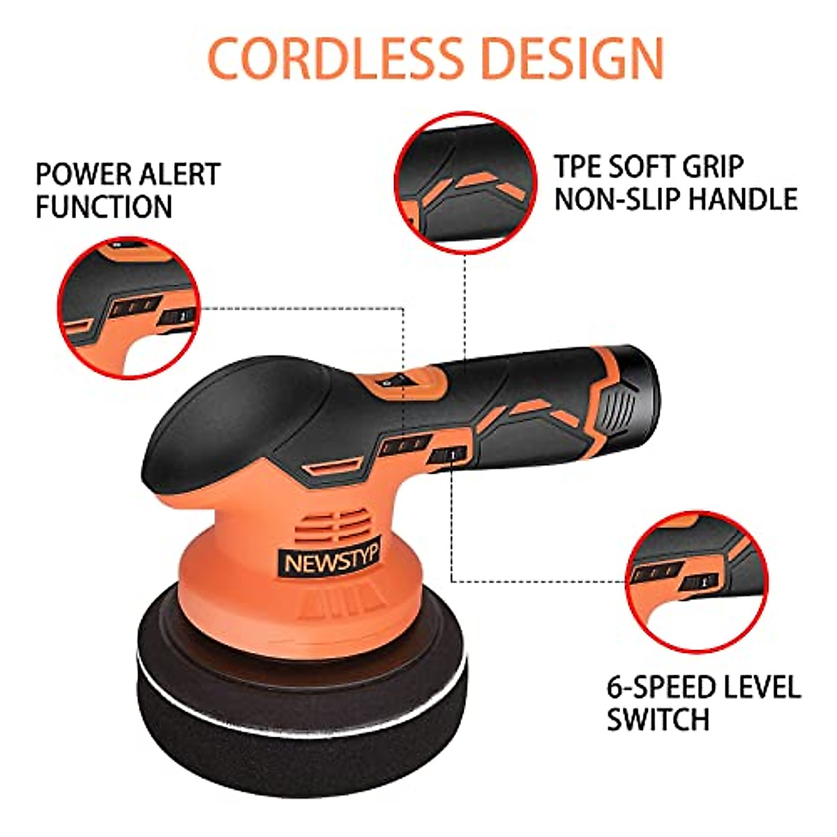 NEWSTYP 6 Inch Cordless Car Buffer Polisher with 2Pcs 12V 2.0Ah Rechargeable Battery, 6 Variable Speed, 5000RPM, Wireless Buffer Polisher Kit for Waxing/Car Detailing/Car Scratch Repairing/Sander