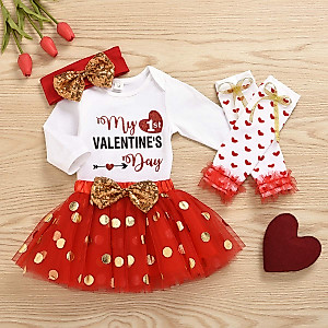 XFGLCK Newborn Baby Girls Valentine’s Day Outfit Letter Print Bodysuit Romper +Tutu Skirt +Leg Warmers+ Headband Clothes Set (Skirt outfit red, 0-3 Months)