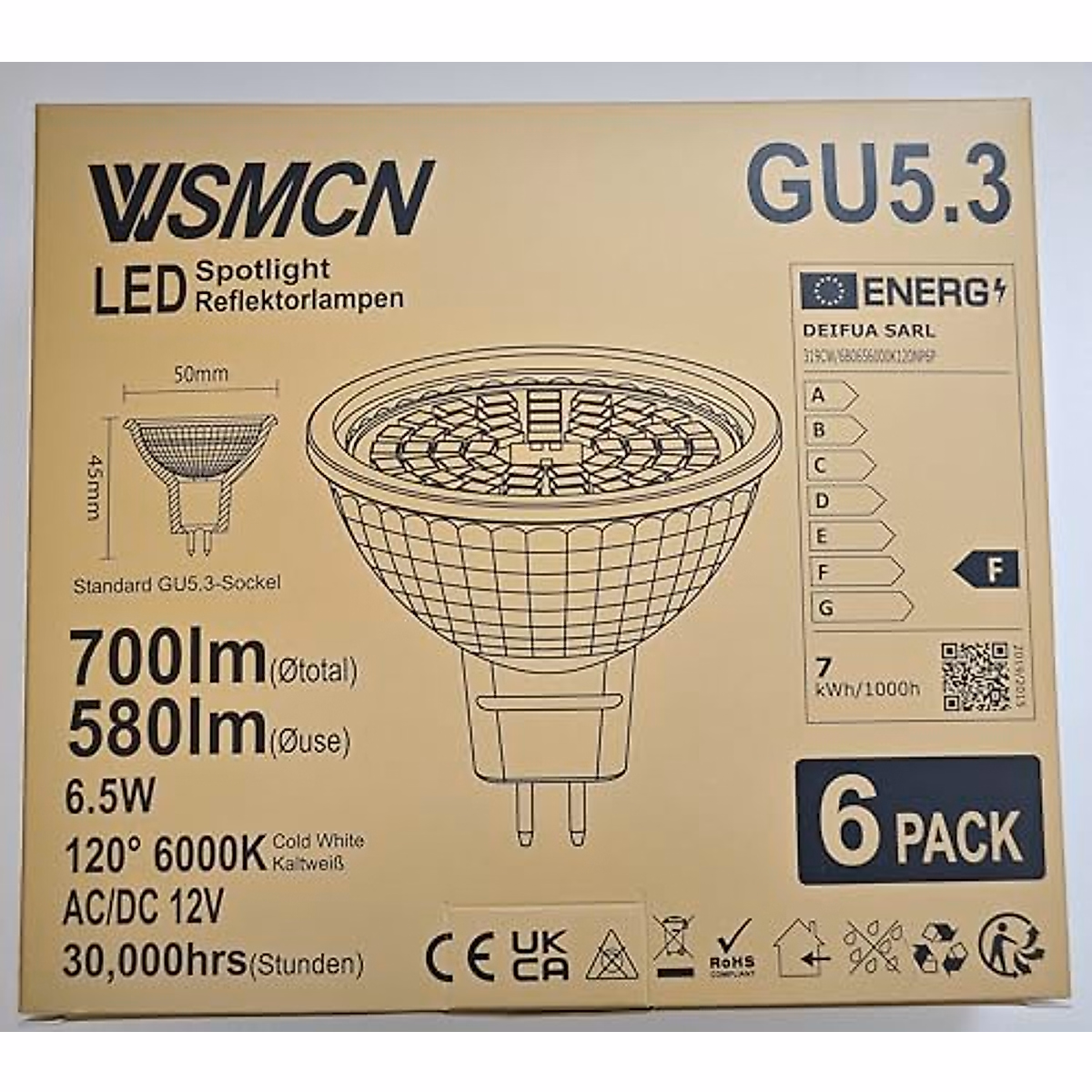 WSMCN MR16 GU5.3 LED Bulbs, Daylight Bright Cool White 6000K 700 Lumens Lamp, Non-dimmable, 6.5W Equivalent to 60W Halogen, AC/DC 12V LED Spotlight Bulb, 120° Beam Angle, Pack of 6