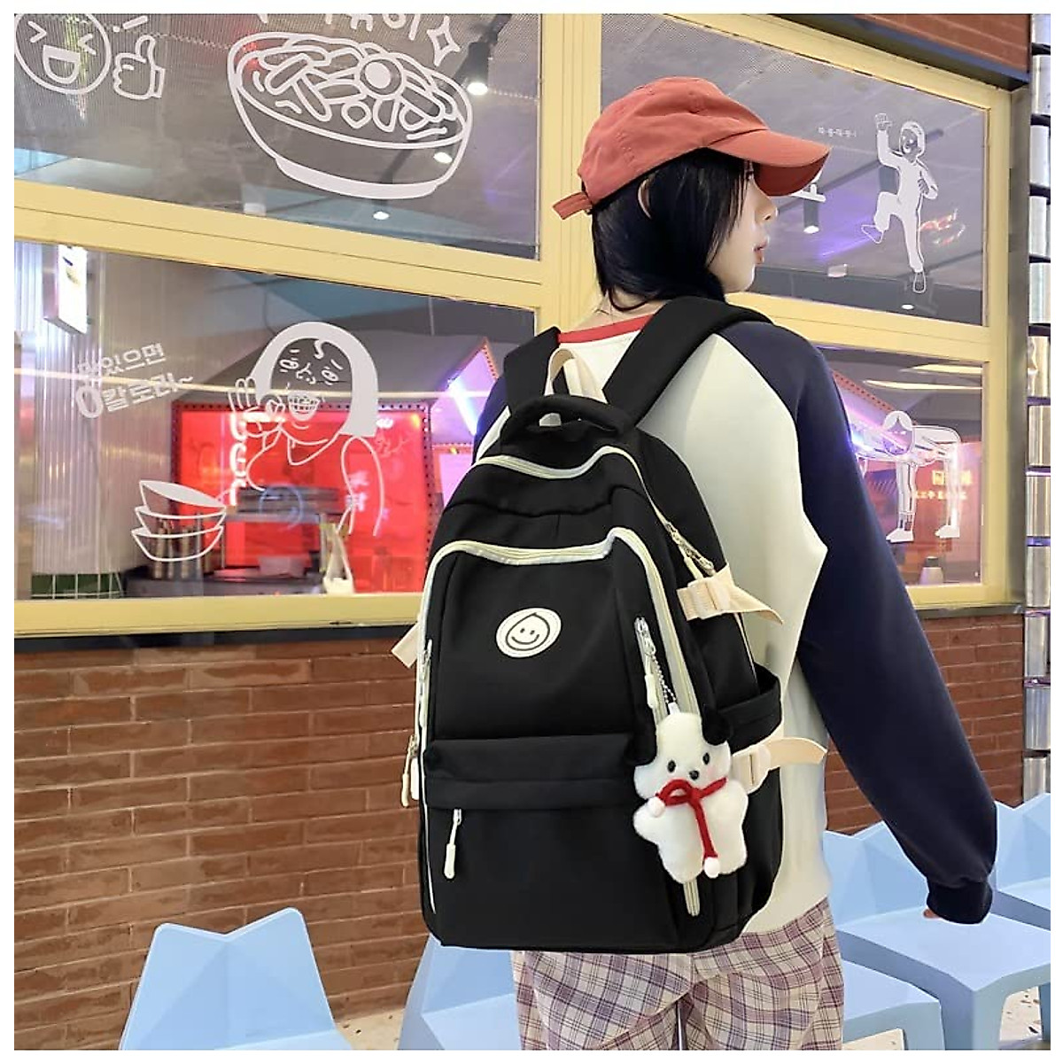 MININAI Preppy Backpack with Cute Pendant Women Smile Face Laptop Backpack Kawaii Lightweight Aesthetic College Backpack (Black,One Size)