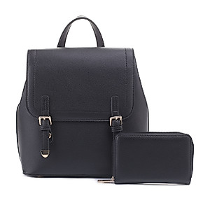 EVVE Faux Leather Small Fashion Backpack Purses For Women Girls Mini Daypack with Matching Wallet | Black