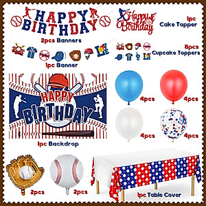 Baseball Party Decorations, Baseball Birthday Party Supplies Kit, Include Sport Themed Birthday Backdrop, Happy Birthday Banners, Tabelcloth, Baseball Balloons, Cake&Cupcake Toppers