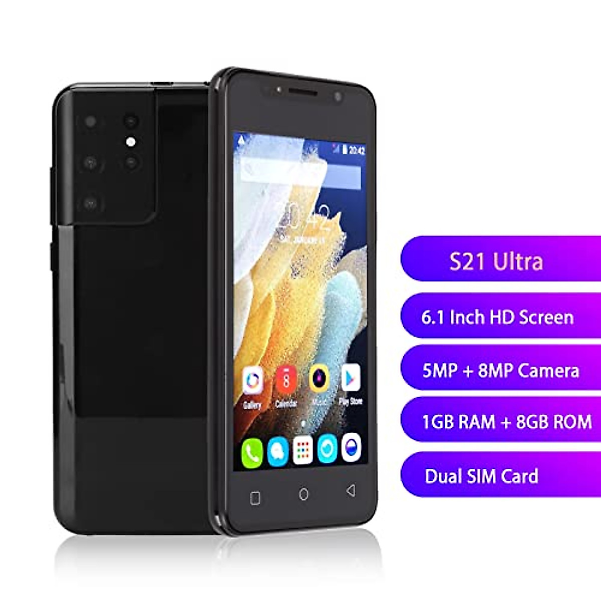 Yoidesu Unlocked Smartphones, S21 Ultra 6.1in 3G Dual SIM Unlocked Cell Phone, 1GB RAM + 8GB ROM, 5MP + 8MP Dual Camera, Face ID Android Phone with 2000mAh Battery(U.S. Plug)