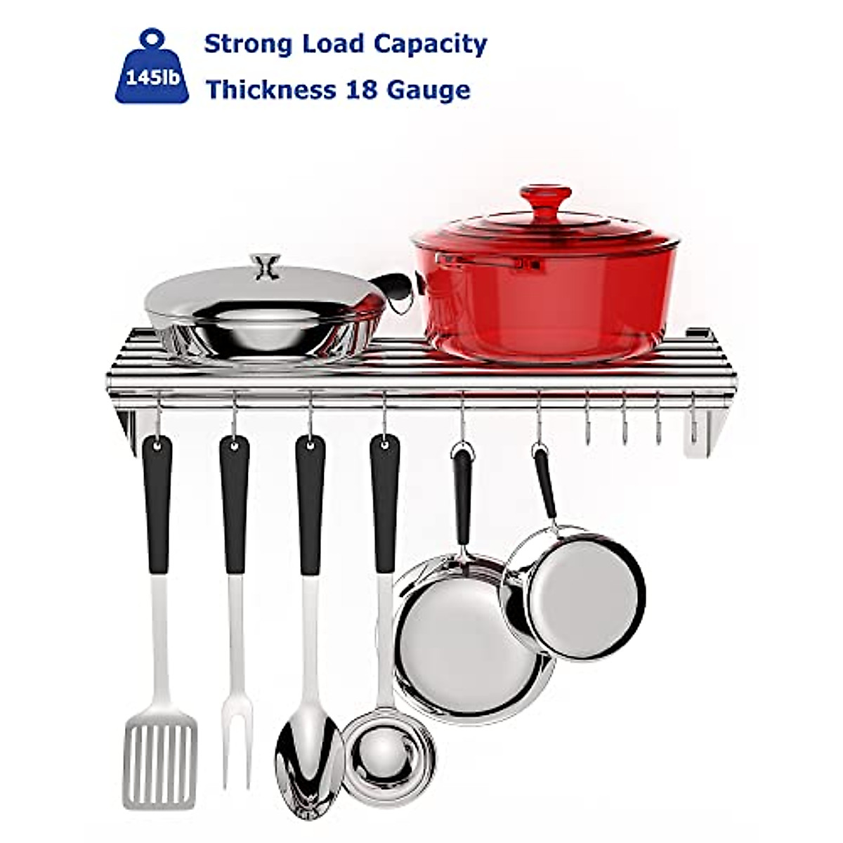 RIEDHOFF Metal Kitchen Rack for Storage and Organization, [NSF Certified] 12" x 24" Stainless Steel Wall Mount Shelf with 10 S Hooks for Hanging Pots, Pans, Cookware in Home and Restaurant