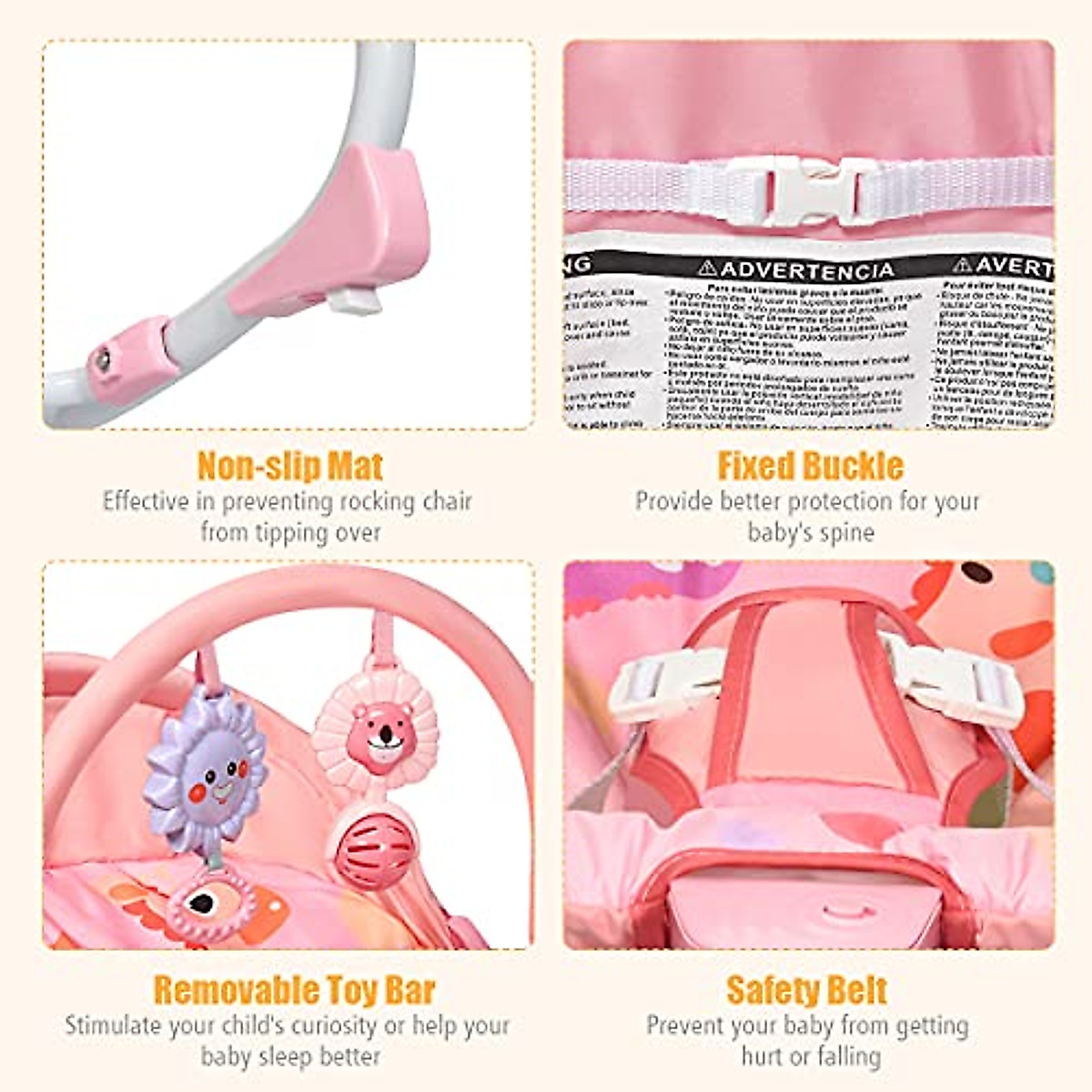 HONEY JOY Baby Rocker Chair, Newborn Bouncer Chair w/ Toy-Bar & Sound, Infant to Toddler Stationary Seating w/Fold-Out Kickstand, Vibration Calming & 3 Recline Positions, Bouncy Seat for Babies (Pink)