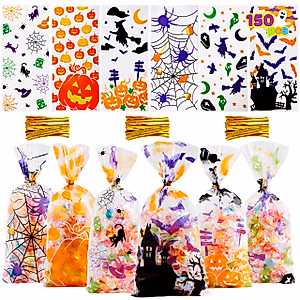 JOYIN 150 PCS Halloween Cellophane Candy Bags Clear Treat Bags with Twist Ties, Trick or Treating Bags, Halloween Goodie Bags Non Candy Cookie Bags for Kids Halloween Party Favors Supplies