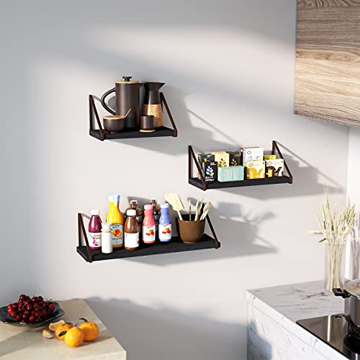 Love-KANKEI Floating Shelves Rustic Shelves Wall Mounted Set of 3 Wall Storage Shelves for Living Room, Bedroom, Kitchen Black/Brown Brackets