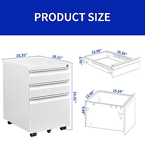 LVSTEEL 3 Drawer Mobile File Cabinet with Lock, Under Desk Metal Filing Cabinet for Home Office fits Legal/Letter/A4 File, Fully Assembled Except Wheels, White