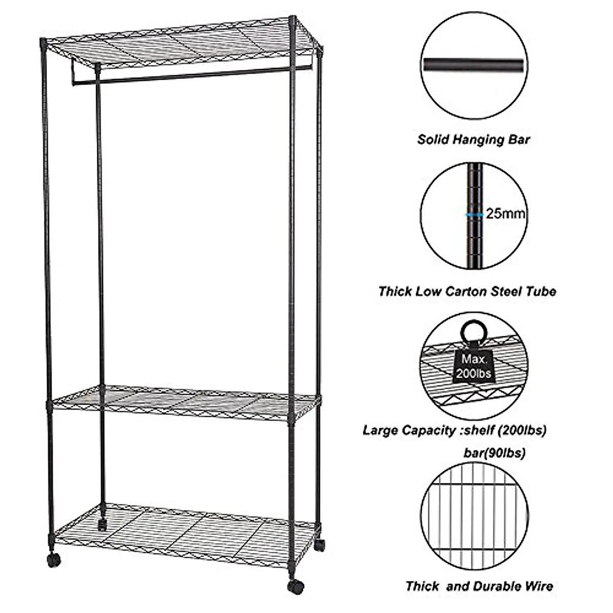KARMAS PRODUCT 3 Tiers Wire Garment Rack with Hanger Bar Wheels, Heavy Duty Clothes Rack Portable Clothes Wardrobe Compact Extra Large Armoire Storage Rack Metal Clothing Rack