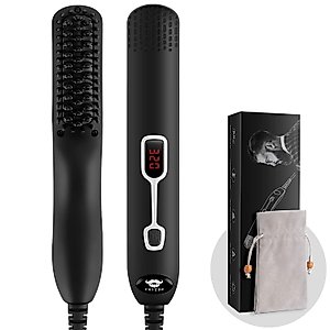 Cayzor Beard Straightener Comb for Men - Upgraded Professional Electric Mens Beard Straightening Heated Brush Portable Anti-Scald 5 Adjustable Temperatures & LCD Display with Carrying Bag
