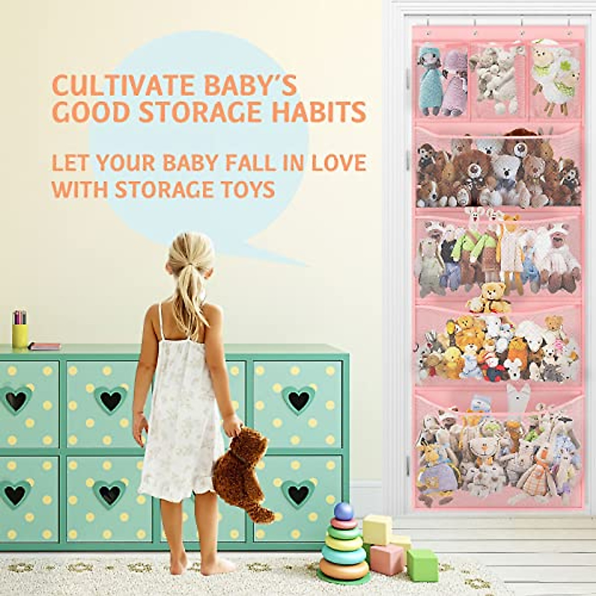 Stuffed Animal Storage, Over The Door Organizer for Closet, Plush Toy, Stuffed Animal Holder with 7 Mesh Pockets, Hanging Door Organization for Kids Room, Nursery, Bedroom