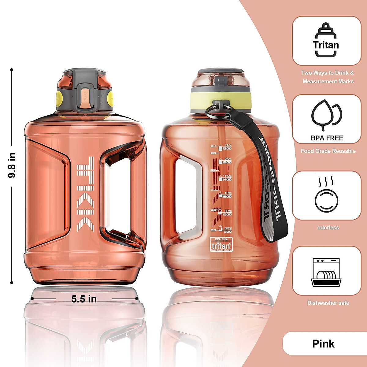 TKK Half Gallon Water Bottle Jug with Straw Time Marker Big Bottle Dishwasher Safe 1/2 Gallon 64 Oz Jug BPA Free Tritan for Gym Yoga Travel Camping Outdoor Orange Pink