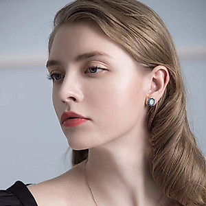 CiNily 14K White Gold Plated Created White Opal and Sapphire Stud Earrings for Women Oval Flower Gems Earrings 12mm