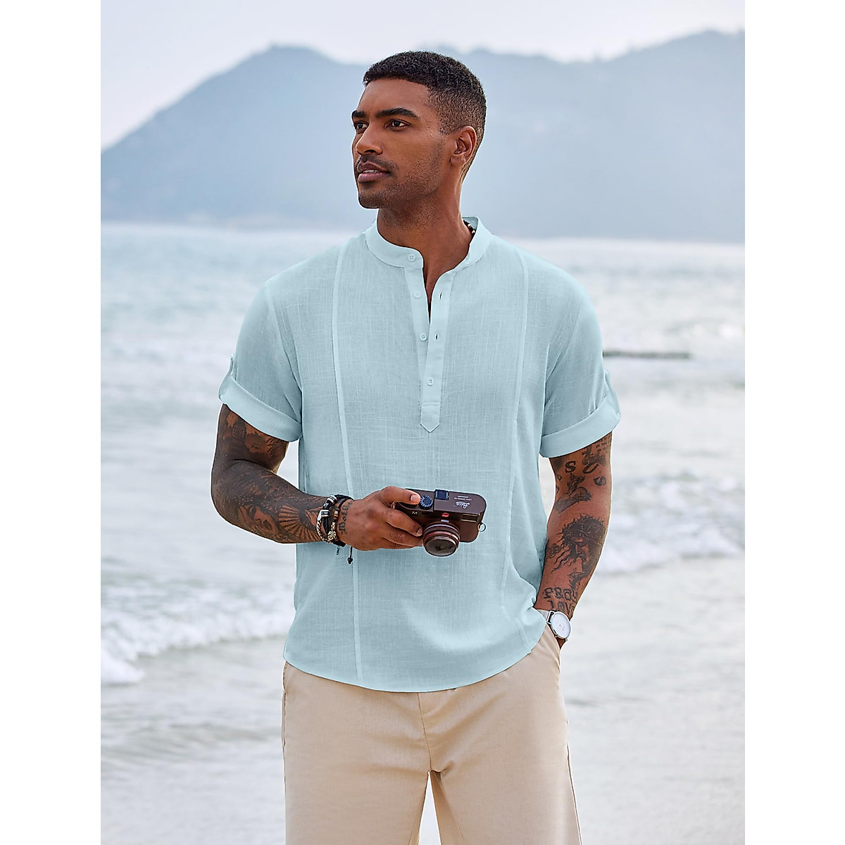COOFANDY Men's Casual Beach T-Shirts Short Sleeve Henley Pullover Linen Button Down Shirts Fashion Summer Tops Clothing Blue