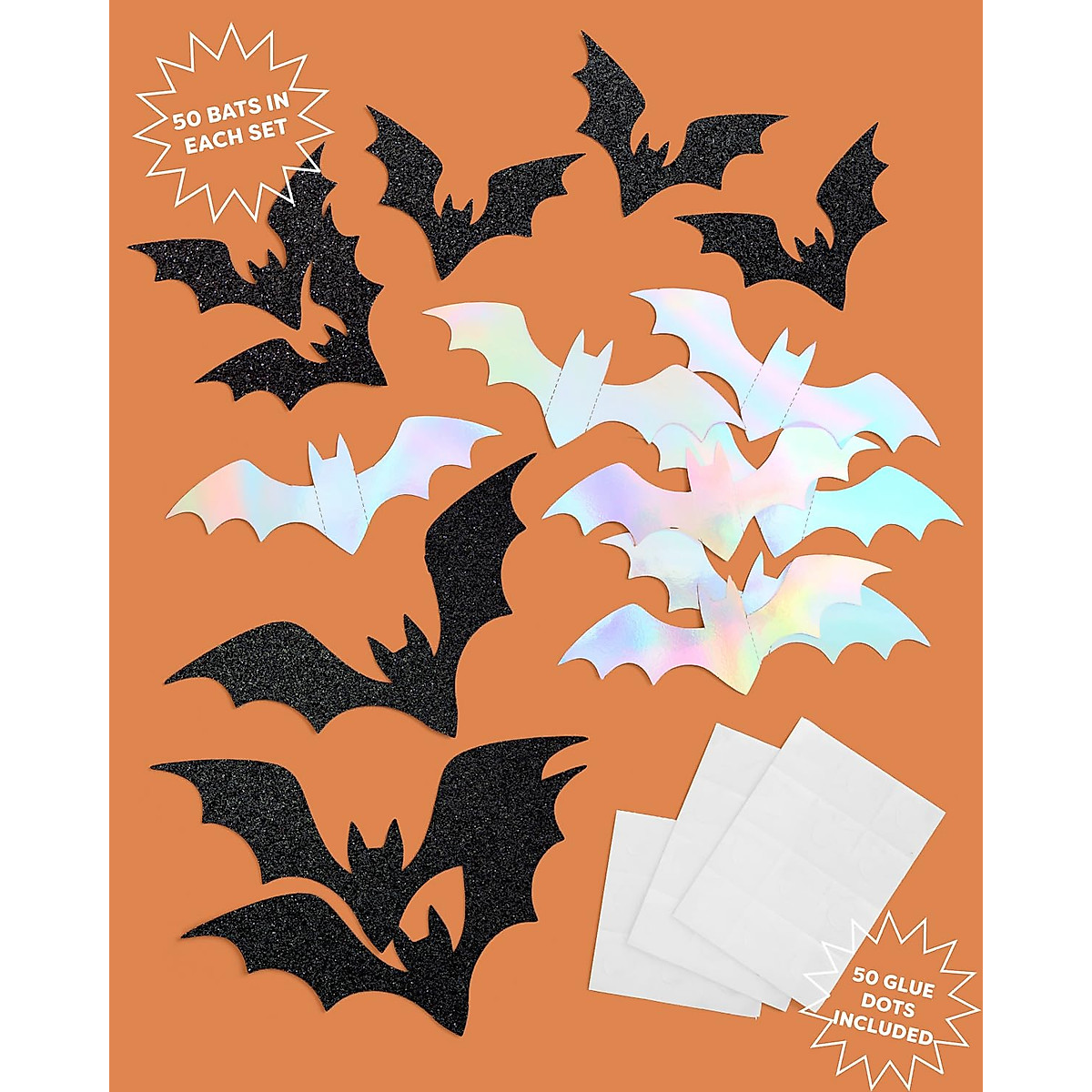 xo, Fetti Halloween Bat Wall Decor - 50 pcs. | Spooky Season Decoration, Haunted House Party Signs, Adhesive Bat Decor, Black and Silver Backdrop
