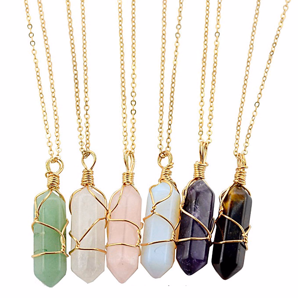 6 Pcs Hexagonal Crystal Pointed Quartz Natural Colorful Wire Wrapped Gemstone Stone Pendant Adjustable Necklace Friendship Couple Jewelry for Women-gold