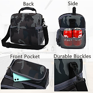 FlowFly Double Layer Cooler Insulated Lunch Bag Adult Lunch Box Large Tote Bag for Men, Women, With Adjustable Strap,Front Pocket and Dual Large Mesh Side Pockets,Black Camo