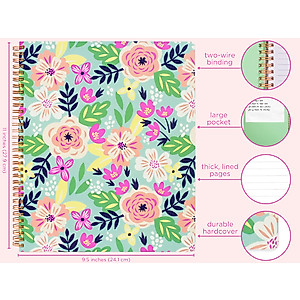 Steel Mill & Co Cute Large Spiral Notebook College Ruled, 11" x 9.5" with Durable Hardcover and 160 Lined Pages, Mint Floral