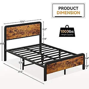 IDEALHOUSE Full Bed Frame with Headboard, Platform Bed Frame with Safe Rounded Corners & Strong Metal Slats Support, Mattress Foundation/Noise-Free/No Box Spring Needed
