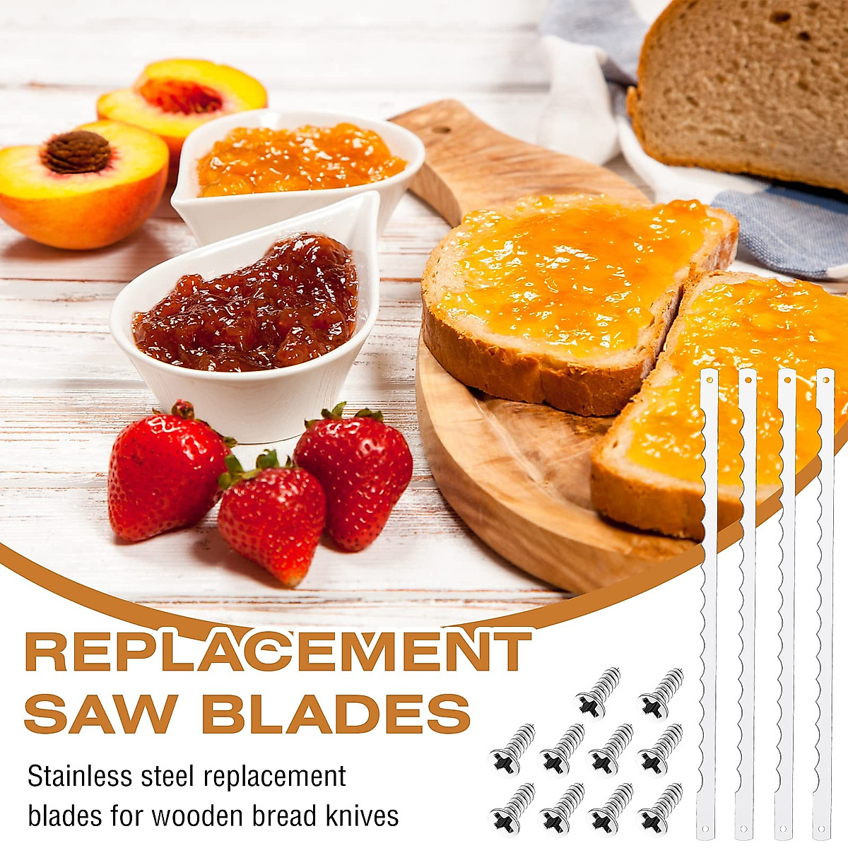 Lasnten 4 Pcs Bread Bow Knife Blades Stainless Steel Replacement Blade Serrated Bread Blade with Screws for Wooden Bread Knife