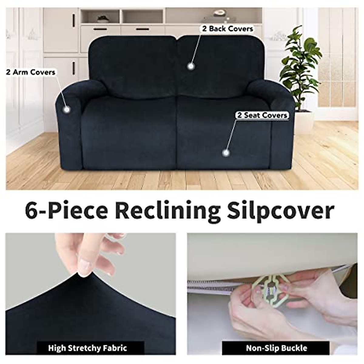 Easy-Going 6 Pieces Velvet Recliner Loveseat Cover Stretch Reclining Sofa Slipcover Couch Cover for 2 Cushion Soft Washable Furniture Protector for Kids Pets (Loveseat, Charcoal Gray)