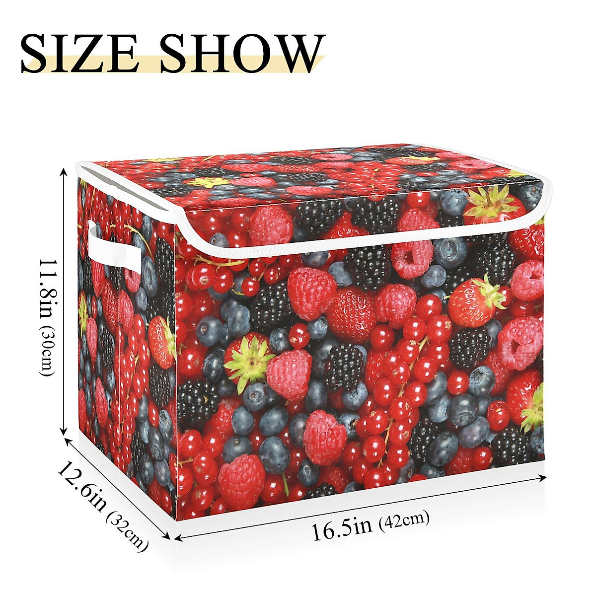 VIGTRO Large Collapsible Storage Bins with Lids Strawberry Berries Fruits, Storage Baskets Organizer Containers with Handles for Home Bedroom Office