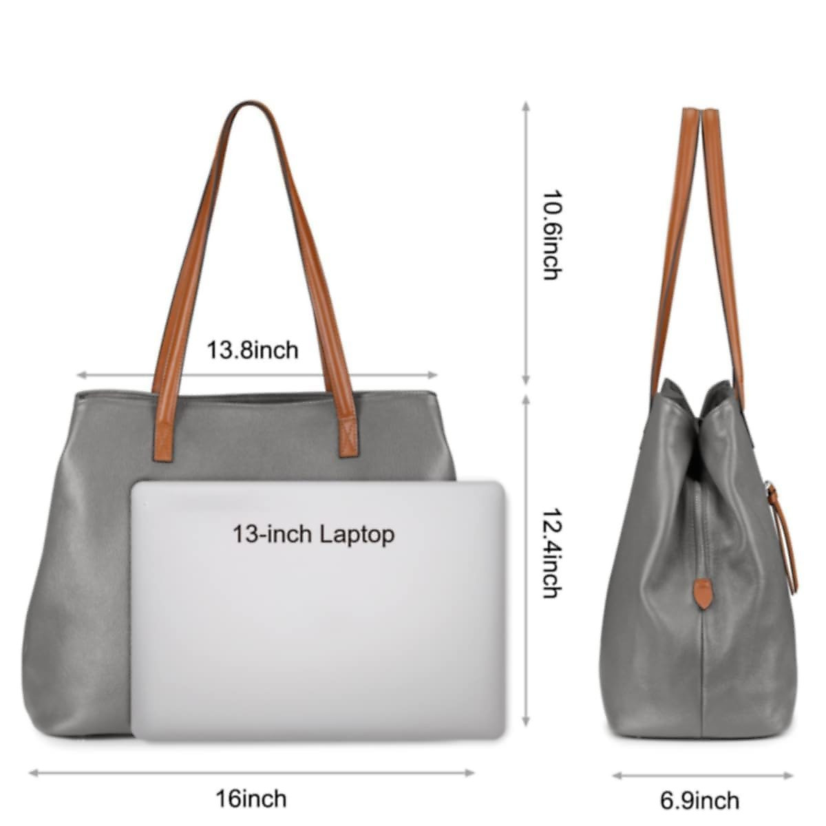 S-ZONE Leather Tote Bag for Women with Zipper Soft Genuine Leather Handbags Shoulder Bags Big Large Capacity Grey