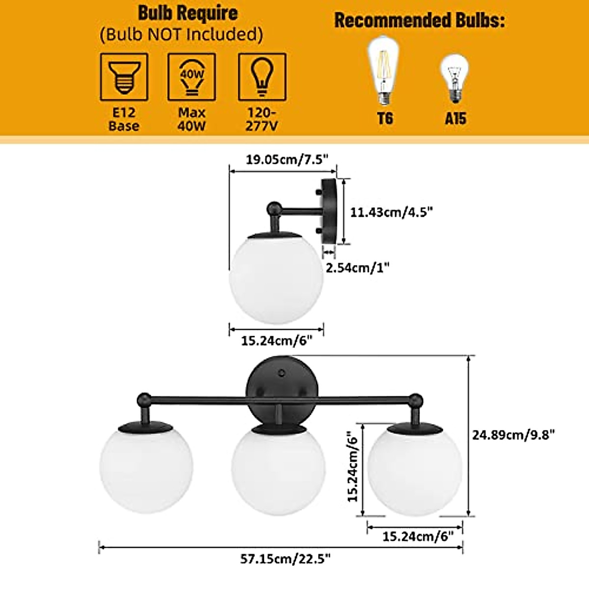 OUVR 3-Light Black Bathroom Light Fitures Mid Century Modern Vanity Light Black Milky Glass Ball Wall Light for Bathroom(Matte Black, 3-Light)