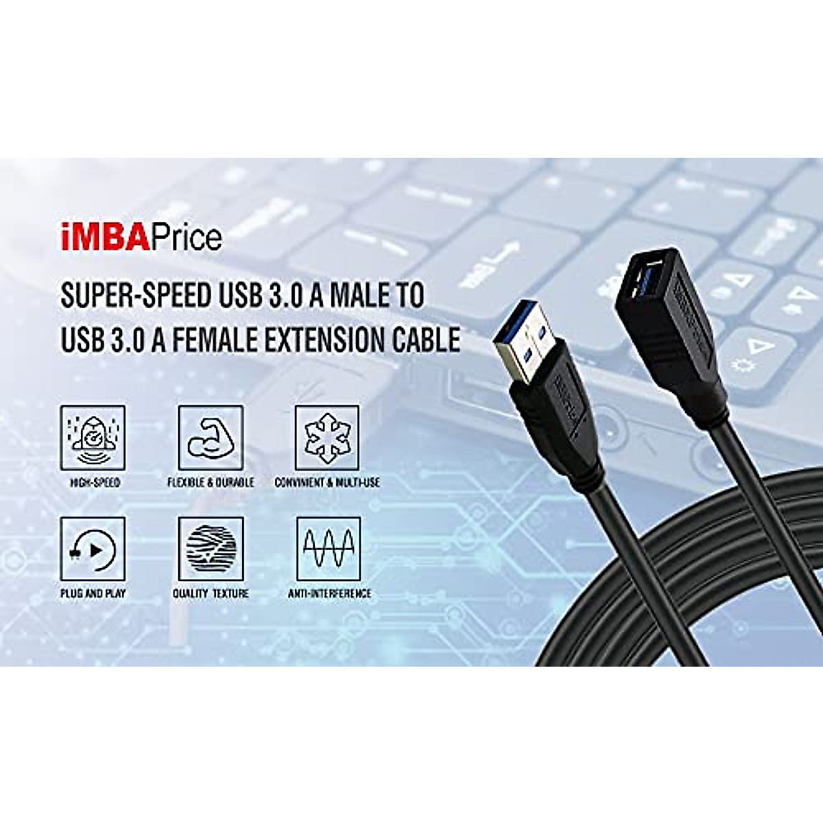 iMBAPrice USB 3.0 Extender - 15 Feet SuperSpeed USB 3.0 A Male to USB 3.0 A Female Extension Cable (Black)