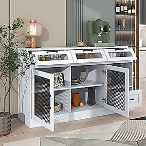 Voohek Farmhouse Buffet Cabinet with Storage, Kitchen Sideboard Multifunctional with Drawers and Door Shelves, Extra Large, White
