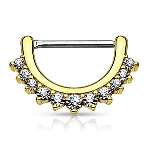 14g (1.6mm) Pair of Lined CZ Set 14K Gold Plated Surgical Steel Nipple Bar Clicker Rings - Gold