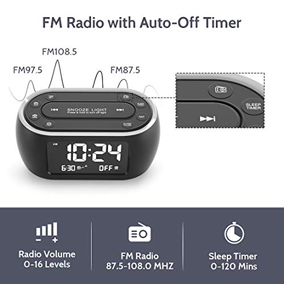 HOUSBAY Glow Small Alarm Clock Radio for Bedrooms with 7 Color Night Light, Dual Alarm, Dimmer, USB Charger, Battery Backup, Nap Timer, FM Radio with Auto-Off Timer for Bedside