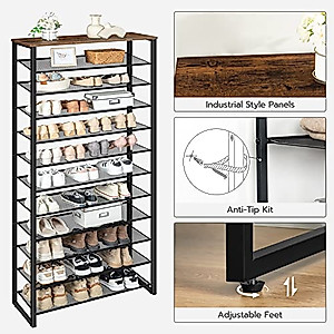 HOOBRO 12-Tier Shoe Rack, Large Capacity Shoe Storage Organizer, Holds 35-45 Pairs of Shoes, Metal Frame, Industrial, for Entryway, Closet, Hallway, Living Room, Rustic Brown and Black BF127XJ01