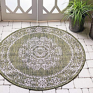 Unique Loom Outdoor Traditional Collection Area Rug - Timeworn (4' 1" Round, Green/ Gray)