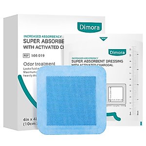 Dimora Upgrade Super Absorbent Dressing with Activated Charcoal for Wound Care, Odor Absorbing Pads 4"x 4" 10 Packs