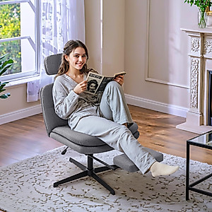 Flamaker Desk Chair Comfy with Footrest & Headrest, Criss Cross Legged Office Chairs No Wheels, Fabric Modern Armless Swivel Adjustable Vanity Chair