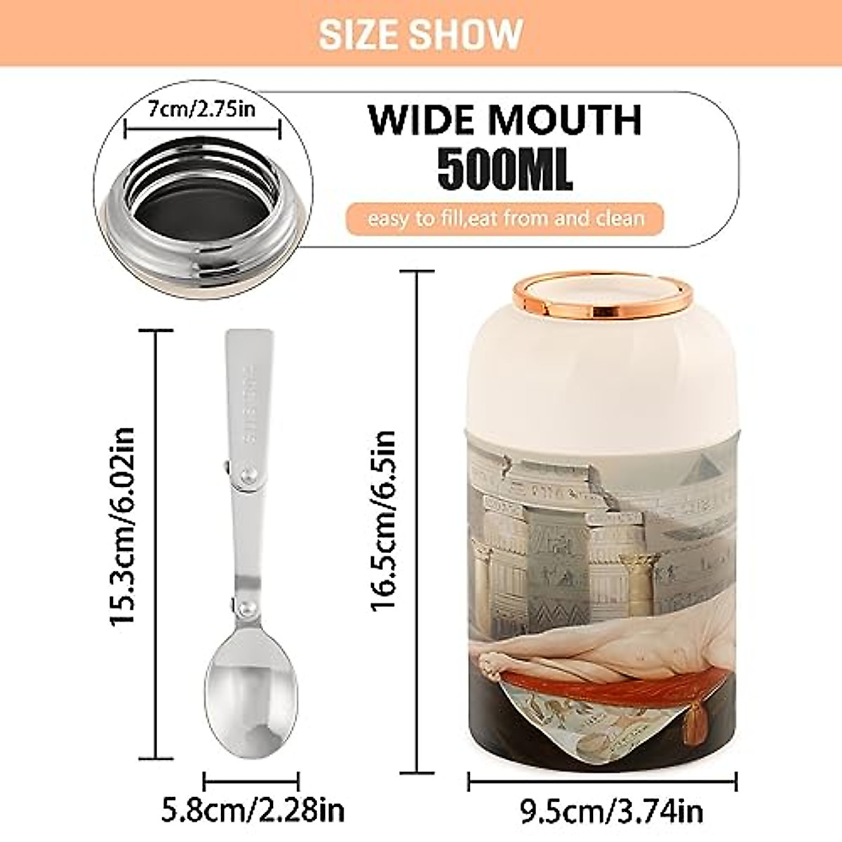 CUPADA Sphynx Kitten Cute Food Jar, Oil Painting Funny Insulated Hot Food Jars Vacuum 17OZ with Folding Spoon for Work Trip Picnic Camping