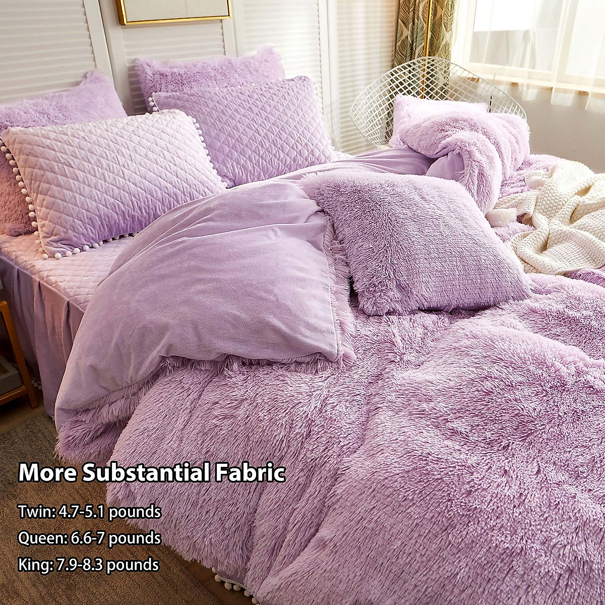 LIFEREVO Luxury Plush Shaggy Duvet Cover Set, Soft Velvet Fluffy Furry Duvet Cover Set(1 Lavender Faux Fur Fuzzy Comforter Cover+2 Pom Poms Pillow Shams)Bedding Set, Zipper Closure(Full/Queen, Orchid)
