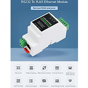 waveshare RS232 to POE RJ45 Ethernet Module, Industrial Rail-Mount RS232 Serial Server with POE Funtion, TCP/IP to Serial, Support Modbus Gateway, Bi-Directional Between RS232 and Ethernet