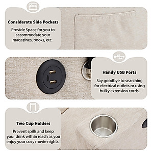 Tdewlye 55.9'' Convertible Sleeper Sofa Bed with 2 Side Pockets, 3 USB Ports, Cup Holders and 360°Swivel Phone Holder, Loveseat Sofa Couch with Pull-Out Bed, 2 Pillows (Beige-BG)