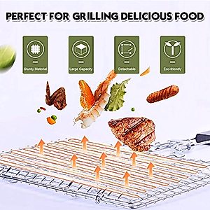 ACMETOP Portable BBQ Grill Basket Stainless Steel Fish Grill Basket with Removable Handle, Grill Accessories for Outdoor Grill Vegetables Fishes Shrimp -【Bonus Grill Mat, Sauce Brush & Carrying Pouch】