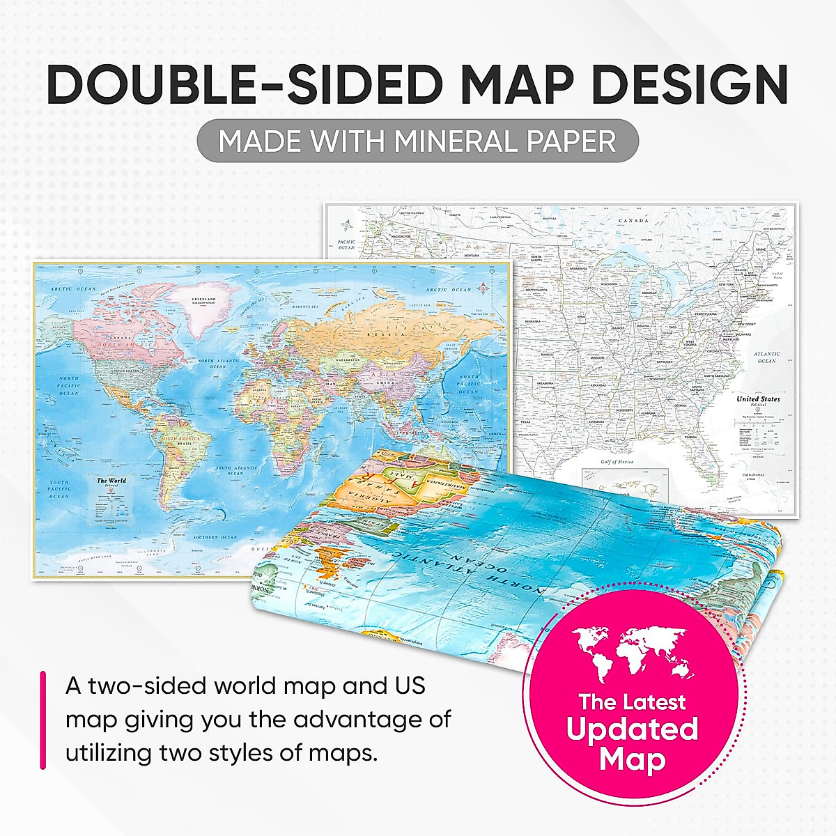 NOWMAP AquaShield Double-Sided World and USA Map Waterproof 2 Wall Map Set 24x36 - Folded Edition with (Pin Stickers)