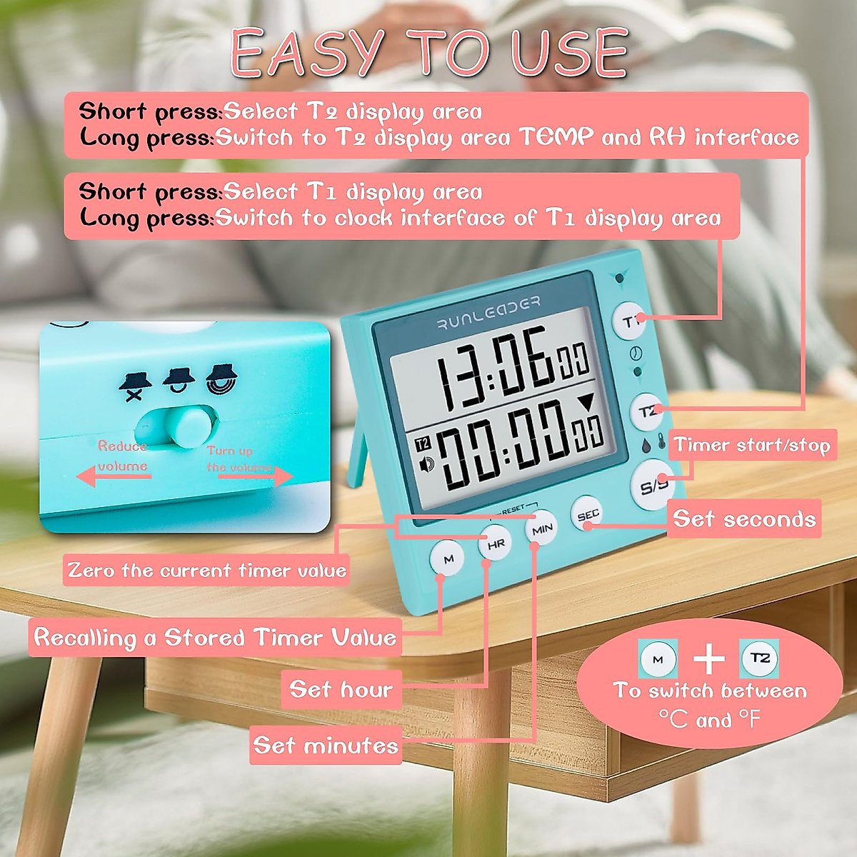 Jayron KT002A 2-Channel Kitchen Timer Magnetic Countdown Timer Clock Temperature and Humidity Meter Digital Minute/Second Timer Desk Clock for Elderly Kids（Blue）