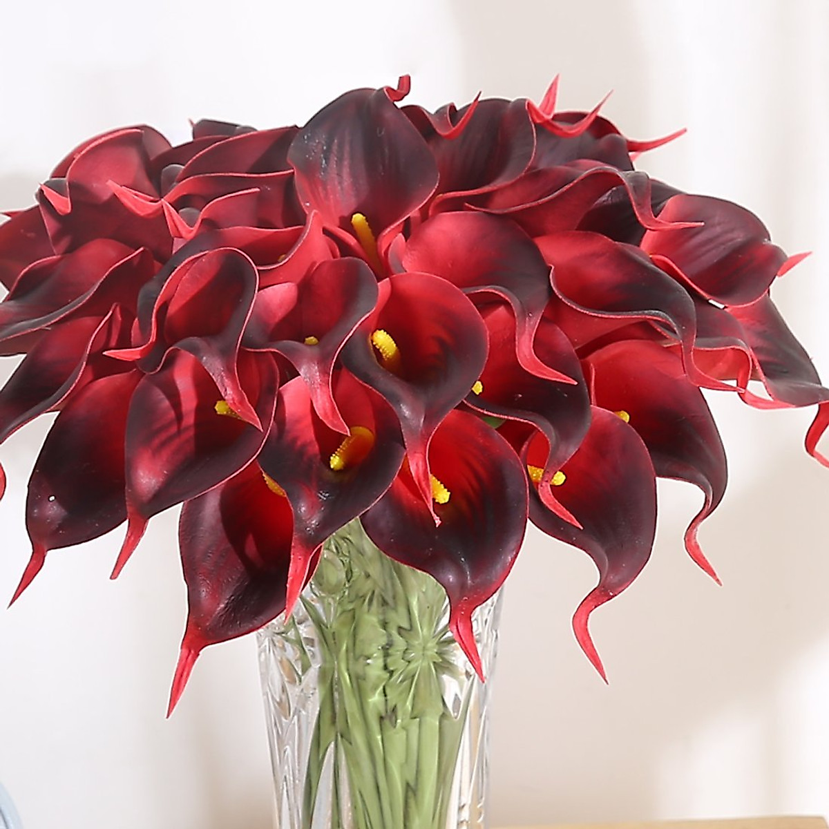 JUSTOYOU 20pcs Artificial Calla Lily 13" Fake White Flowers Wedding Bouquet Real Touch Latex Flower for Bride Wedding Home Decor (Dark Red)