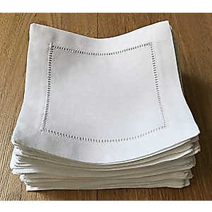 White Linen Cocktail Napkin 6"x6" Set of 50 Linen Cloth Napkin Coasters-Ladder Hemstitch 100% Linen Beverage Party Napkin Coaster Super Value Bulk 50 Pack