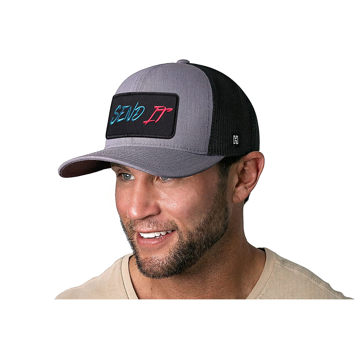 HAKA Trucker Hat – Send it Hat, Mesh Outdoor Hat for Men & Women, Adjustable Snapback Baseball Cap, Golf Hat (Gray/Black)