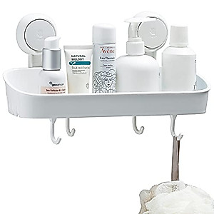 TAILI Suction Shower Caddy With 4 Hooks, Bathroom Shower Basket Wall Mounted Shower Organizer for Shampoo, Body Wash,Conditioner, Plastic Shower Rack for Kitchen & Bathroom, Drill-Free Removable