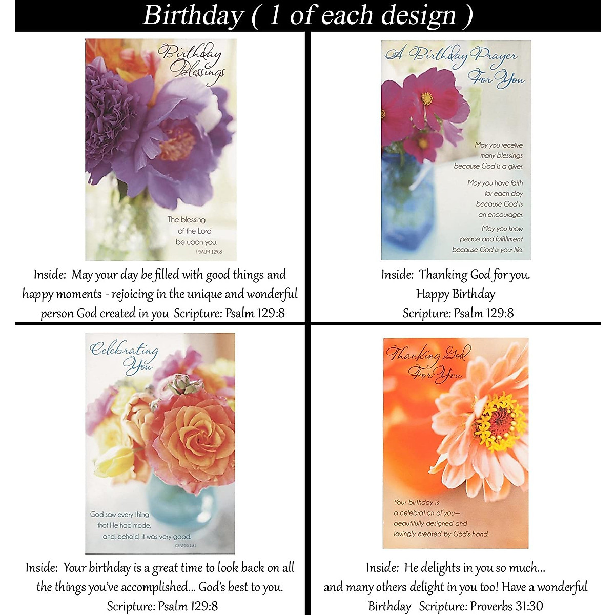 Birthday (No Repeated Cards) 32 Design Christian/Religious Greeting Card Assortment ~ Scripture in every card