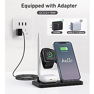 Wireless Charger, 4 in 1 Fast Charging Station Stand Compatible with iPhone 13/12/11/Pro/XS/XR/X/SE/8, 18W Charger Dock for Apple Watch 7/6/SE/5/4/3/AirPods Series/Apple Pencil 1st (Black)